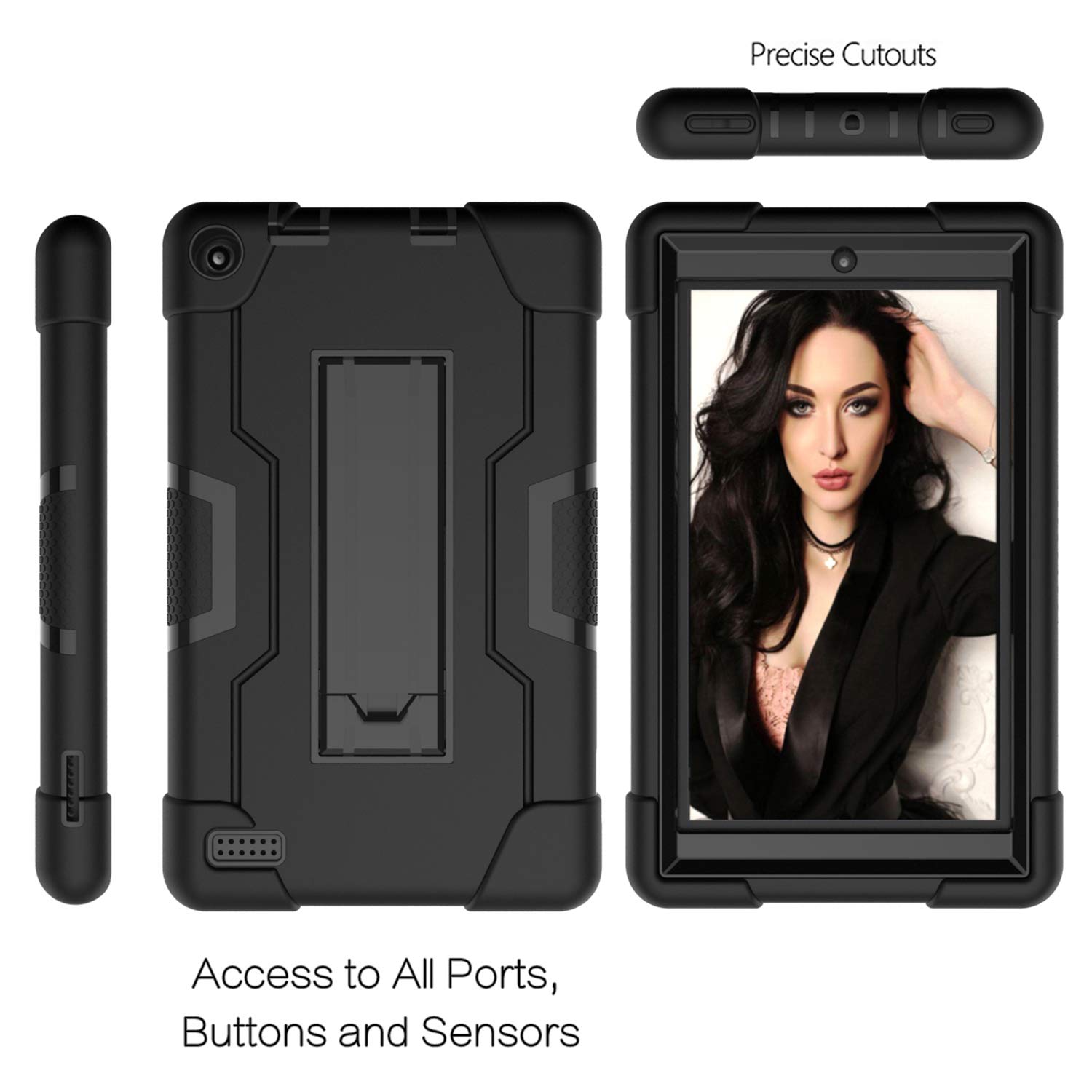 For All-New Fire 7 2019/2017 (9th Gen, 7th Gen) Case,Cherrry Heavy-Duty Rugged Kickstand Series - Shockproof Hybrid Three Layer Armor Kids Case Cover For Amazon All-New Fire 7 2019 (Black/Black)