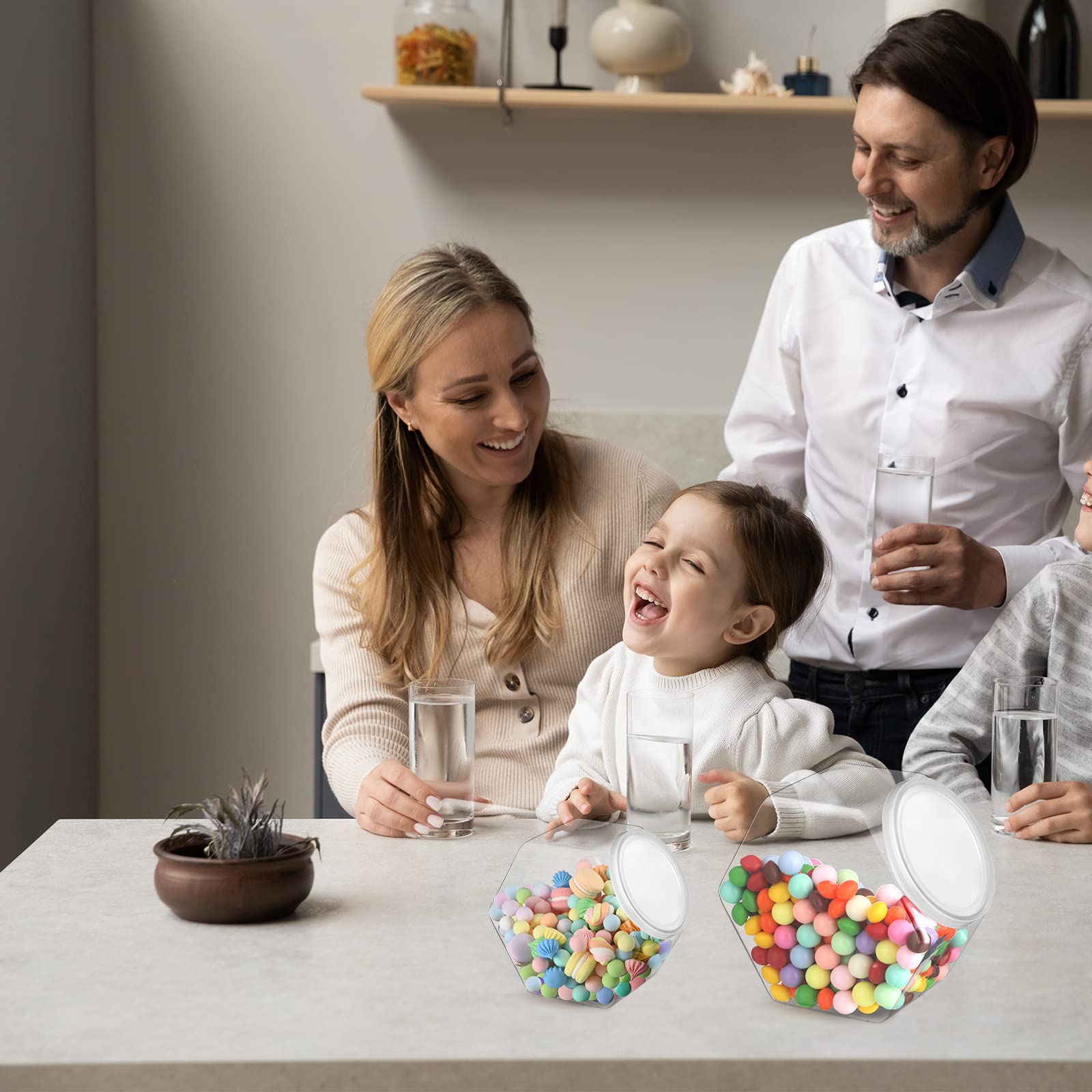 12 Pieces Hexagon Shaped Plastic Cookie Jars with Airtight Lids Wide Mouth Clear Plastic Candy Jars Reusable Candy Containers for Home Snack Candy Buffet Storage Kitchen Counter, 850 ml, 2150 ml