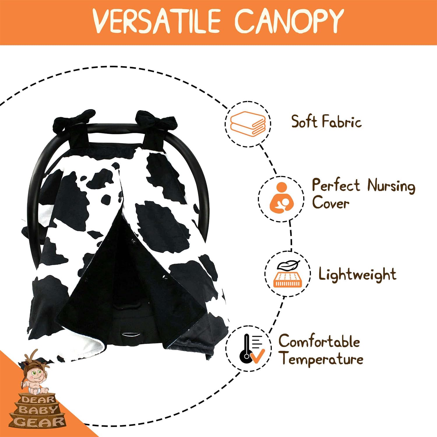 Dear Baby Gear Black and White Holstein Cow Baby Car Seat Canopy with Snap Button Opening and Puffy Bows— Layered Lightweight Cover Keeps Babies Cozy and Sheltered — 40 x 30 Inches