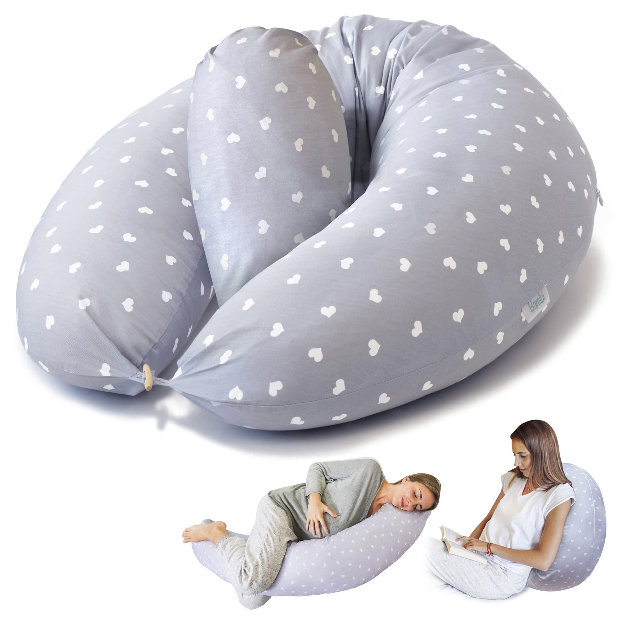 BamibiÂź Pregnancy Pillow - Full Body Support Maternity Pillow for Sleeping â Providing Support for Adults and Pregnant Women Back, HIPS, Legs & Belly - Removable 100% Cotton Cover (Gray Hearts)