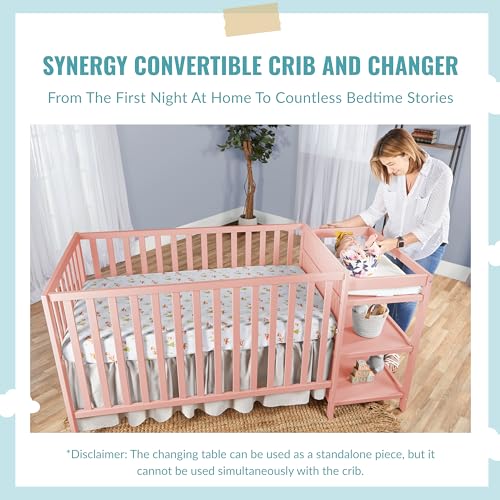 Dream On Me Synergy Convertible Crib and Changer in Dusty Pink with Detachable Changing Table, JPMA Certified, 1β Changing pad