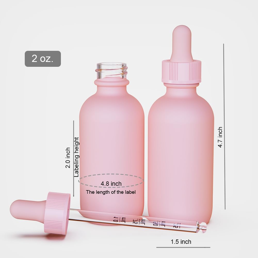 seafulee 2 oz Pink Coated Glass Dropper Bottles (60ML) with Glass Eye Dropper, UV Safe Bottles for Essential Oils and Aromatherapy (Pack of 12)