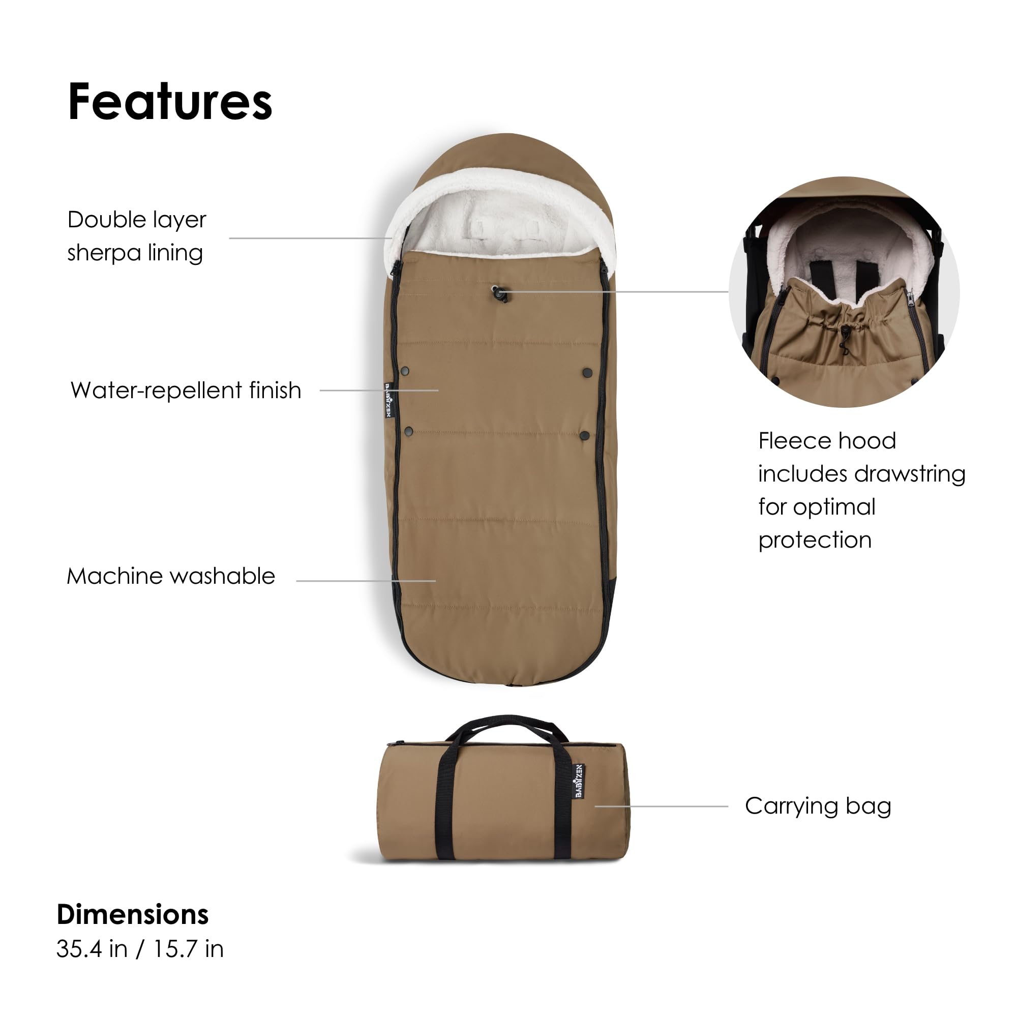 Babyzen YOYO Footmuff, Toffee - Sherpa Lining & Fleece Hood with Drawstring to Keep Baby Warm - Includes Carrying Bag - Machine Washable