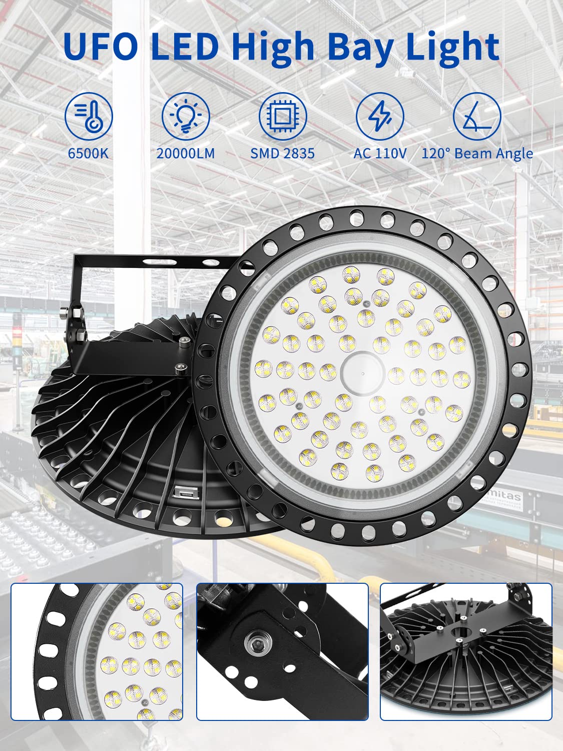 6 Pack LED High Bay Light|200W 20000LM UFO LED High Bay Light|6500K Daylight LED Shop Light|IP65 Waterproof LED Commercial Warehouse Area Light|LED Garage Light for Garage Gym Factory Warehouse