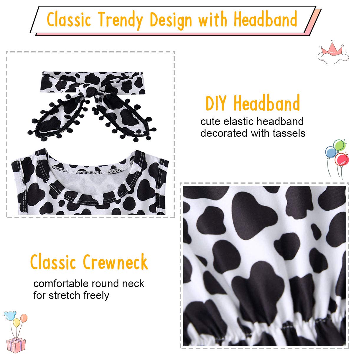 Leapparel Baby Girls Rompers Cute Cow Jumpsuits Infant Boys Outfit Clothes Black Pompom Bodysuits White Baby Playsuit with Bow-Knot Headband for 3-6 Months
