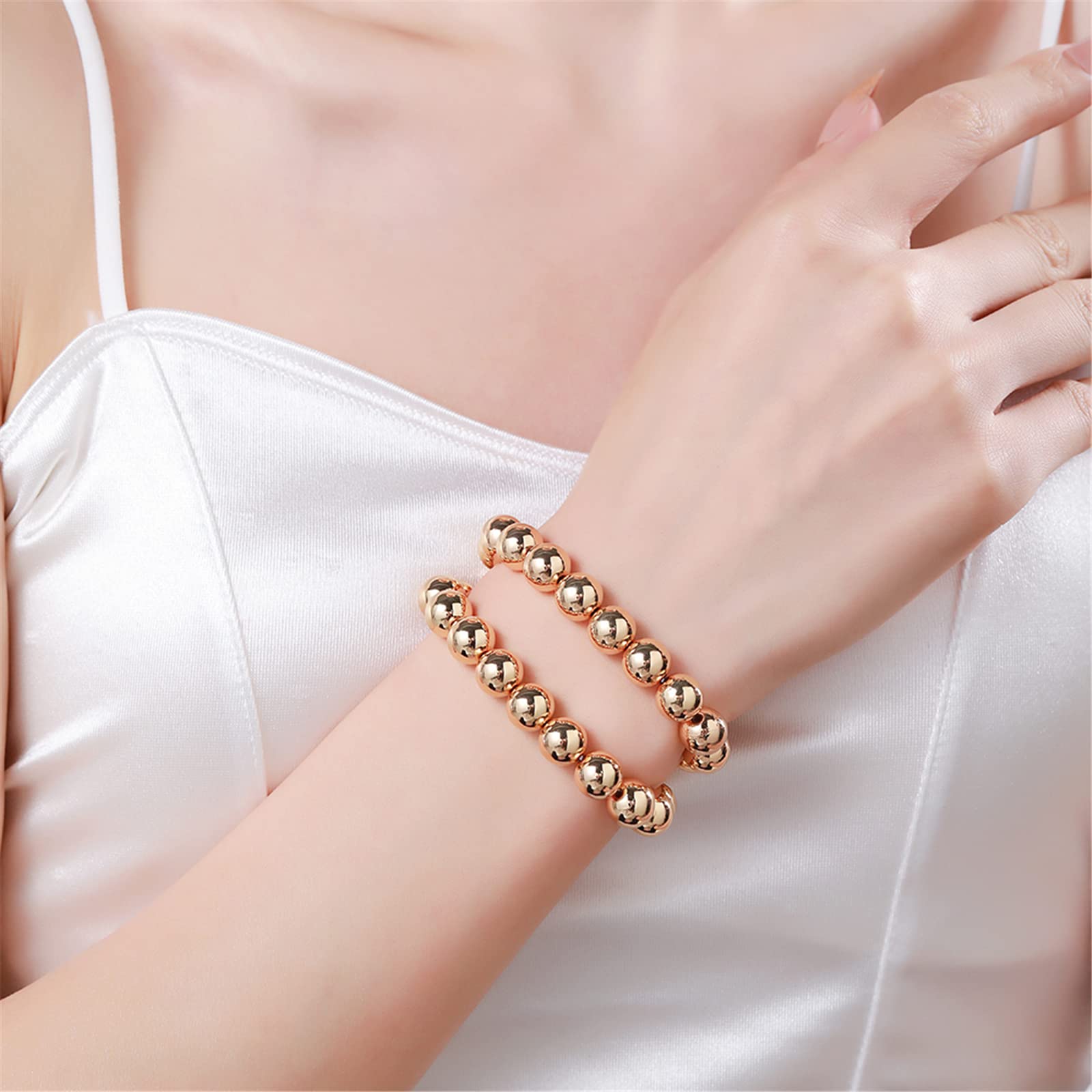 14K Gold Plated Beaded Bracelets Letter Stretch Dainty Stackable Bracelet for Women