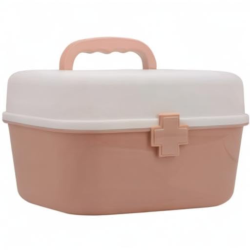 BangQiao Plastic First Aid Storage Box Container Bin with Removable Tray and Portable Handle, Family Emergency Medicine Kit Case Organizer, White&Pink