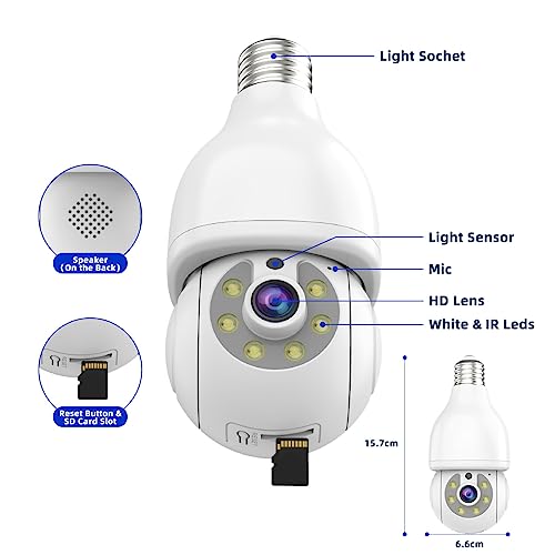 2K HD Light-Bulb Security Camera, Wireless 2.4G&5Ghz Wifi, Work With NVR & 3rd Party Software, RTSP Stream, Work With Alexa, 360° View, Auto Tracking, 2 Way Audio, Motion Detection, Remote View