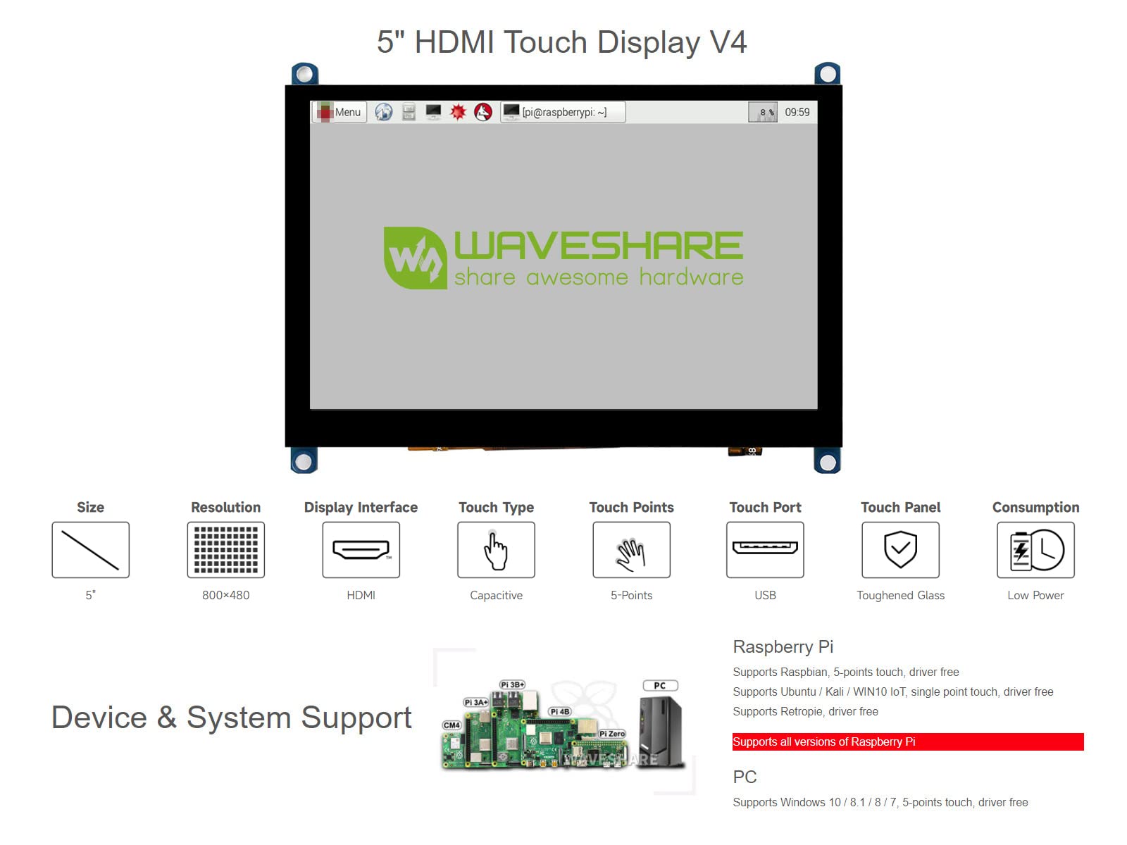 Waveshare 5inch Capacitive Touch Screen LCD Slimmed-Down Compatible with Raspberry Pi 5/4B/3B+/3A+/2B/B+/A+/Zero/Zero W/WH/Zero 2W CM3+/4 800×480 Resolution HDMI Toughened Glass Panel Supports Windows