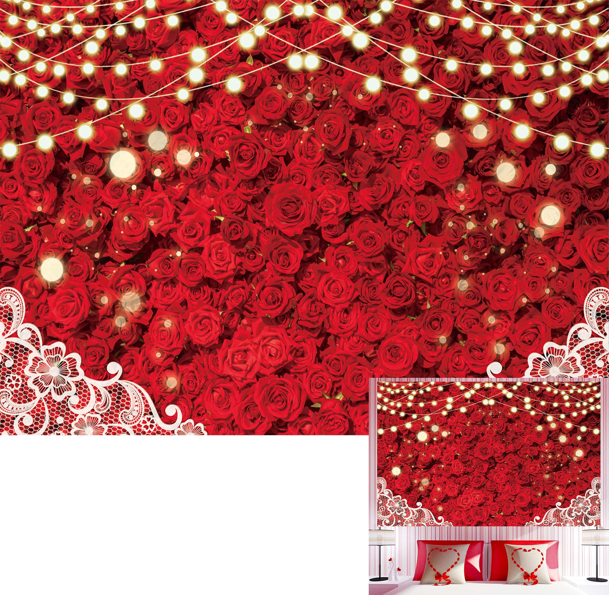 BINQOO 7x5ft Valentine's Day Red Rose Photography Backdrop Red Floral Wall Background Wedding Bridal Shower Women Party Red Flowers Wall Background Girls Birthday Party Supplies