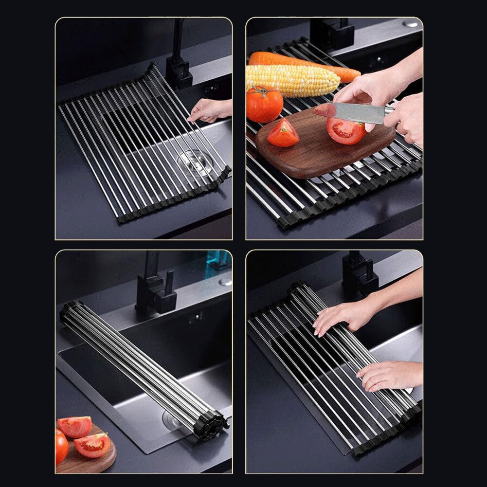 18x15 Roll up Sink Drying Rack Over The Sink Multipurpose roll-up Dish Drying Rack Kitchen Stainless Steel Sink Drain Rack Roll Up Dish Rack Food Drying Mat roll-up Dish Drying Rack