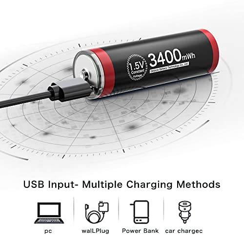 Deleepow USB Rechargeable AA Batteries 4 Pack, USB C Rechargeable Double A Lithium Batteries, 3400mWh 1.5V with 2-in-1 Charging Cable, 1 Hour Fast Charging AA Rechargeable Battery
