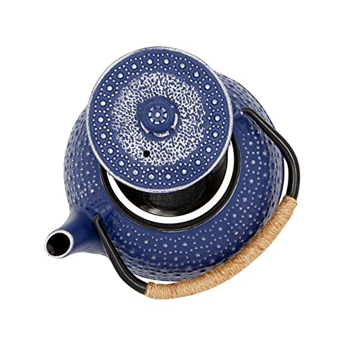 3 Piece Set Blue Japanese Cast Iron Teapot, Loose Leaf Tetsubin with Handle, Stainless Steel Infuser, and Trivet (27 oz, 800 ml)