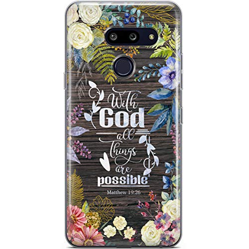 Mertak Clear Phone Case Compatible with LG Stylo 6 5 4 K61 K51S K41S K30 K20 Q70 Q60 Matthew 19:26 Wood Flexible Silicone Protective Slim Scripture Bible Verse Floral Religious TPU Cover Print