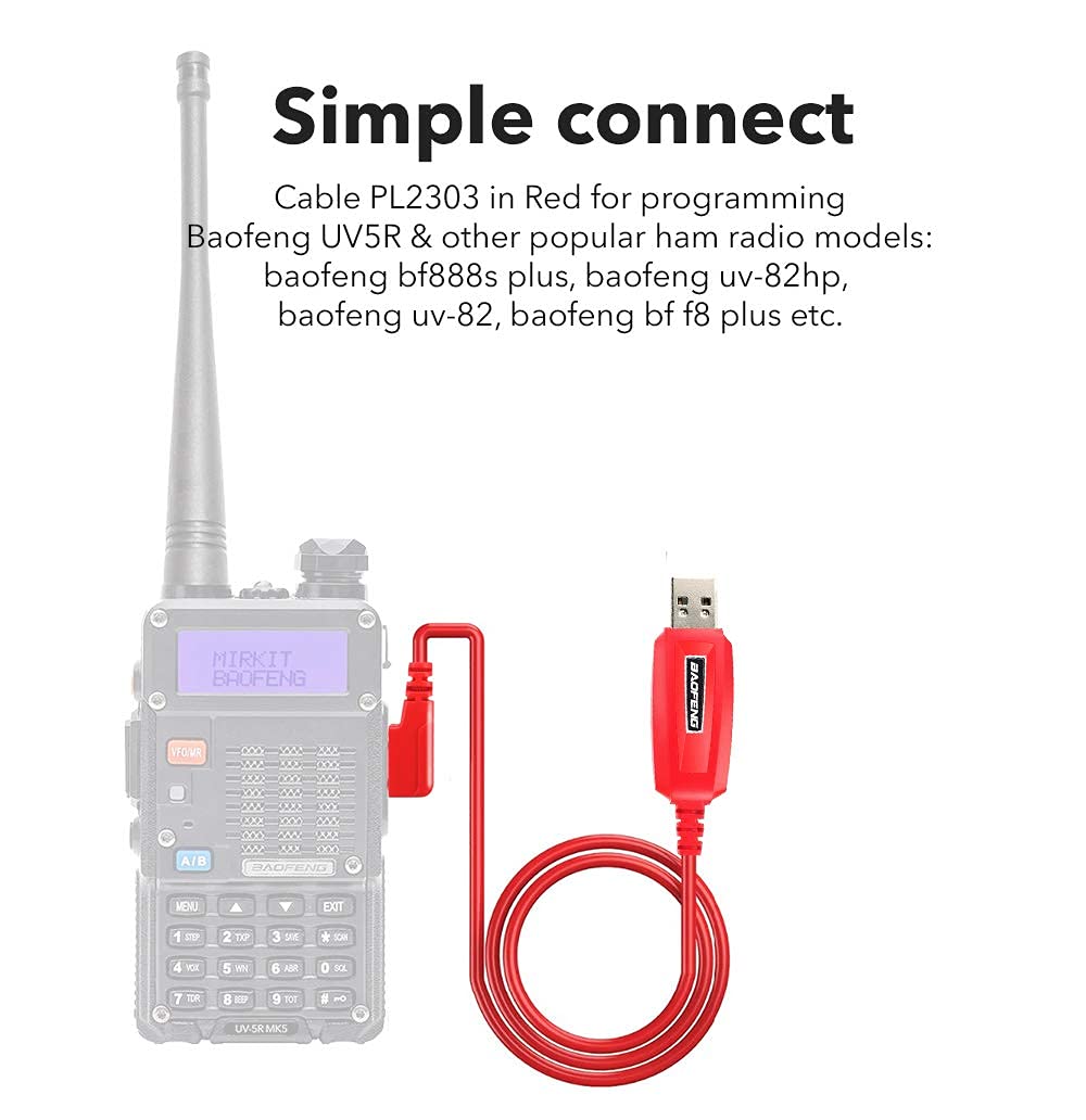 BAOFENG Programming Cable UV-5R/5RA/5R Plus/5RE, UV3R Plus, BF-888S, 5R EX, 5RX3, GA 2S (Cable Lenghth-59 inch, Mirkit Red, This one Works!)