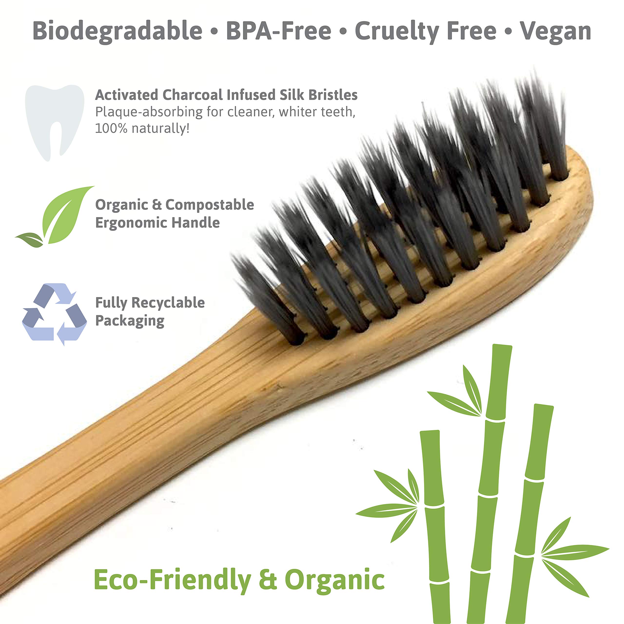 Biodegradable, BPA-Free BAREBU Bamboo Toothbrush - Organic, Eco-Friendly, Pressed Bristles (No Glue) - Supports Health & Environment (8 x PBT Black)