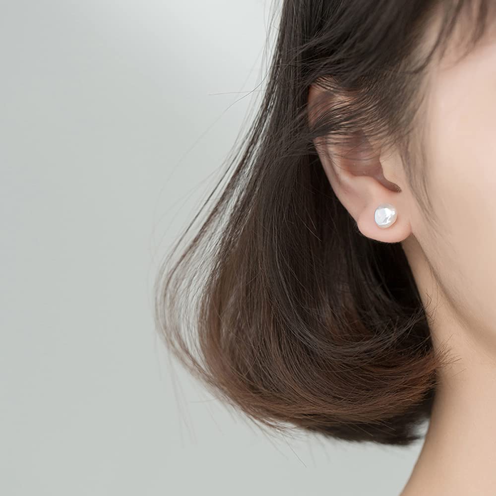 1Pairs Sterling Silver 8mm Baroque Pearl Stud Earrings White Round Freshwater Pearl Ear Studs Hypoallergenic for Women