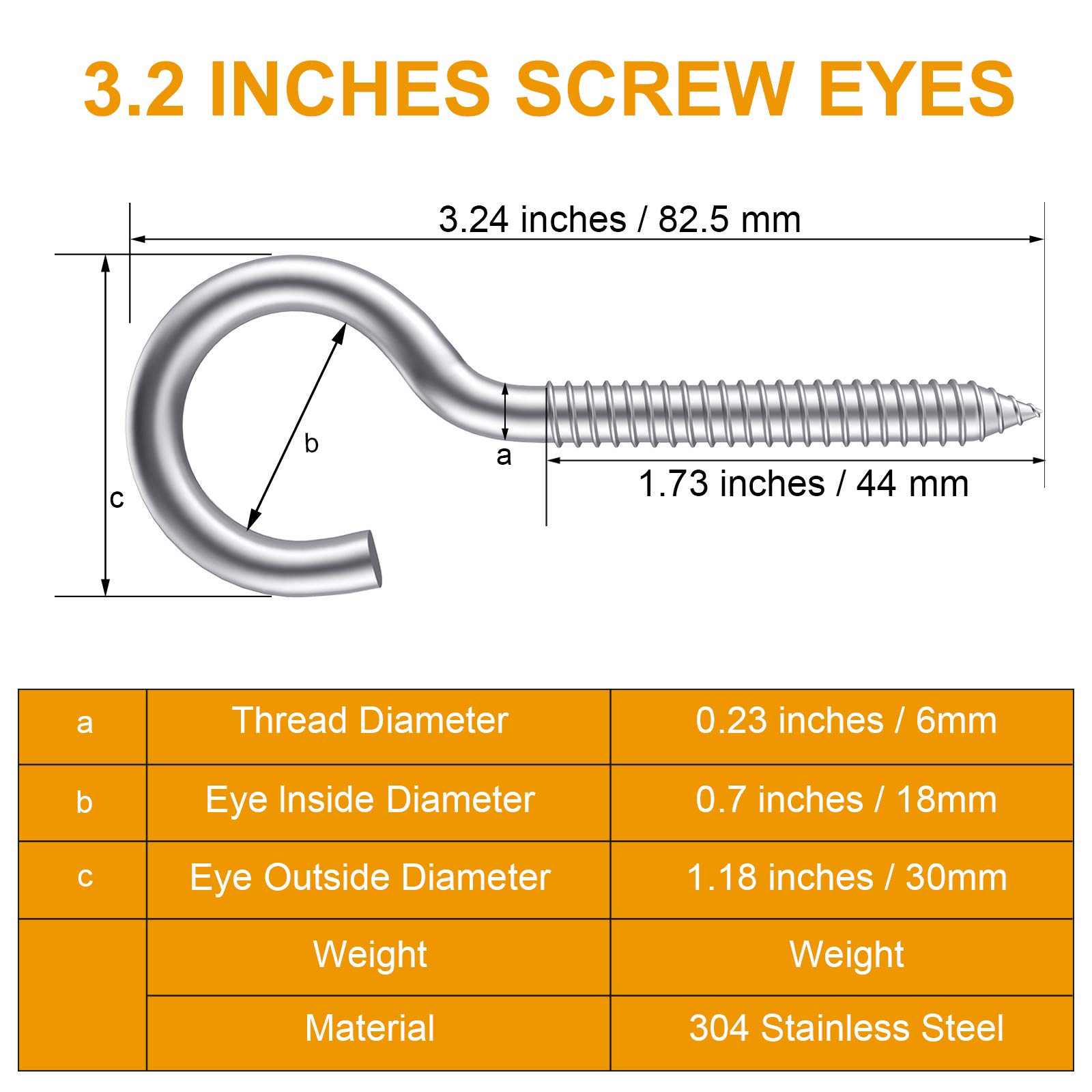 YAIRMIS Pack of 12 M6 Metal Hooks, heavy-duty304 Stainless Steel Screw Hooks, self-Tapping Eye-Ring Bolt Hooks, Wooden Terminal Eye-Hole Hooks, Pendant Lights and Wires, Strong