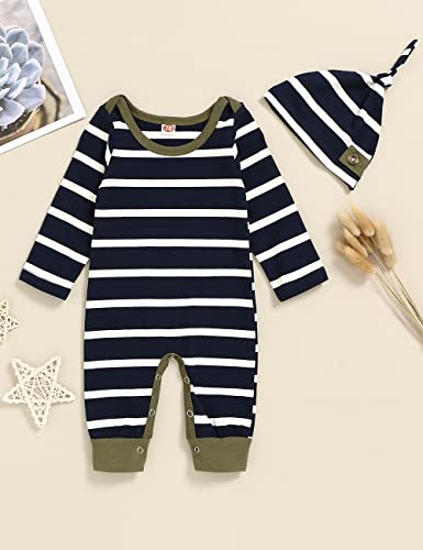 Infant Newborn Baby Boy Clothes Stripe Cotton Romper Long Sleeve Jumpsuit Hat Baby Boys Fall Winter Outfit