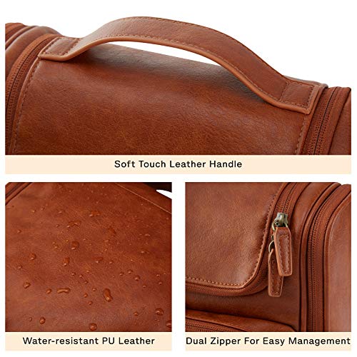 BAGSMART Hanging Toiletry Bag, Water-resistant Leather Dopp Kit, Large Travel Organizer for Full Sized Container, Brown