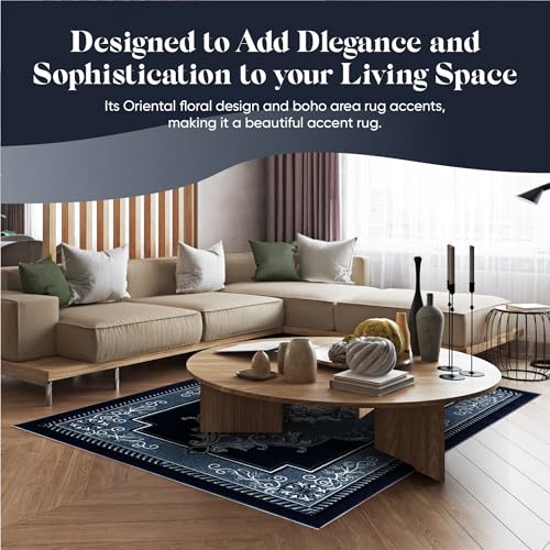 2x4 Small Rug Boho Glamour Thick Plush Oriental Area Rug Traditional Carpet Floral Medallion Rugs for Living Room and Bedroom Floor Navy Blue