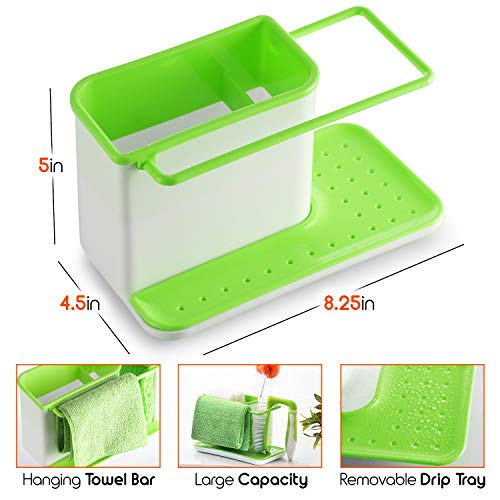 Kitchen Sponge Holder for Sink - Kitchen Sink Caddy - Sink Organizer with Brush Dispenser Holder and Drain Pan Tray - Dish Sponge Holder β Dual Use Sponge Brush Soap Dish Holder with Rag Rack