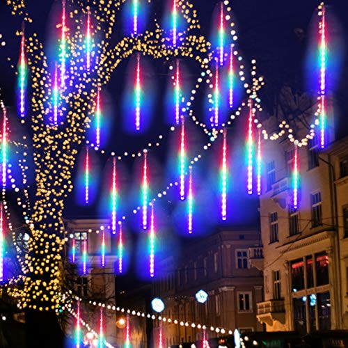 Meteor Shower Rain Light, 8 Tubes 192 Led 30cm Waterfall Raindrop Icicle Christmas Light Outdoor, Waterproof Plug in String Light for Xmas Holiday Party Wedding Valentine Day - Multicolor