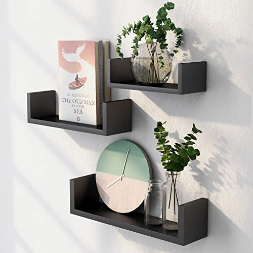 AMADA HOMEFURNISHING Floating Shelves U-Shaped, Wall Shelf 3 Sizes, Black Floating Shelves for Bathroom/Bedroom/Living Room/Kitchen - AMFS13-B