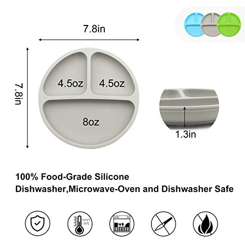 ANTUREBAY Suction Plates for Babies, 100% SiliconeToddler plates,Divided Baby Plates, Dishwasher & Microwave Friendly,Food Grade Silicone Kids Plates with Spoon Fork. (Blue,Green,Gray)