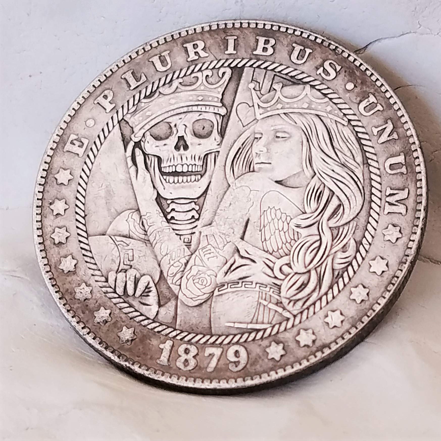 1879 Tattoo Princess with Her Skeleton King Art Coin Replica Morgan Silver Dollar Carson City Mint Mark 1.5" (38mm) Collectible with Protective Capsule and Display Stand β Comes with Display Stand