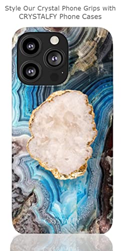 CRYSTALFY Crystal Phone Grip & Phone Stand: Authentic Natural Gemstone Swappable Top, Expandable Collapsible Holder for Smartphones and Tablets (Clear Druzy)