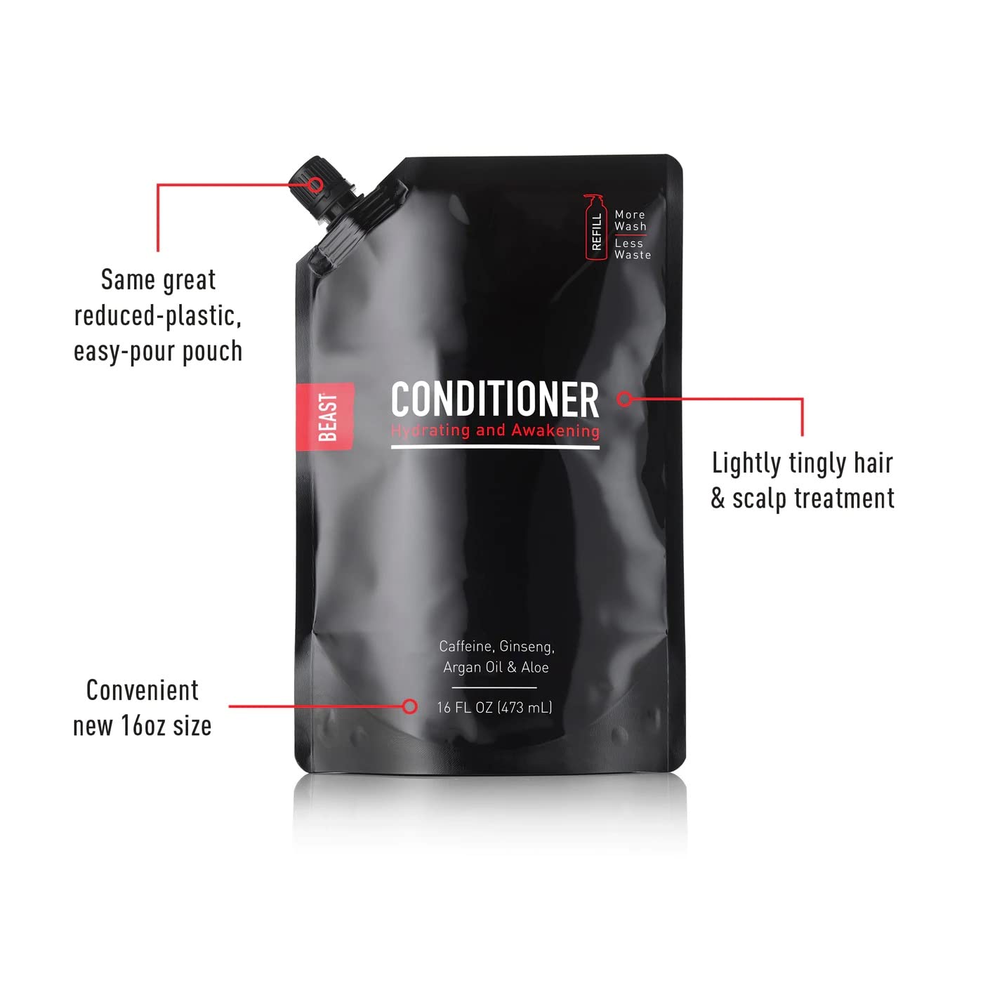 Beast Conditioner Refill Pouch - Hydrating & Awakening With Caffeine, Ginseng & Argan Oil, 1L (33.8 Fl Oz)