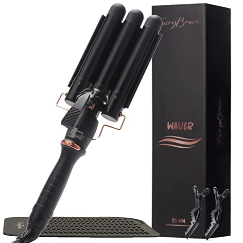 3 Barrel Curling Iron Wand - Triple Hair Waver & Crimper for Beach Waves Set, Ceramic Tourmaline with Adjustable Temperature - Hair Waver, Black