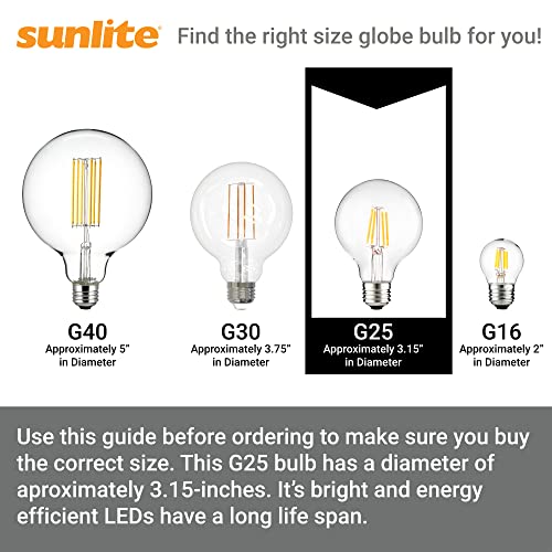 Sunlite 41696 LED G25 Edison Globe Light Bulb, 8.5 Watts (100W=), Medium E26 Base, 800 Lumens, Dimmable, Clear Glass, Antique Long Filament, 90 CRI, Title-20 Compliant, 2700K Soft White, 4 Count