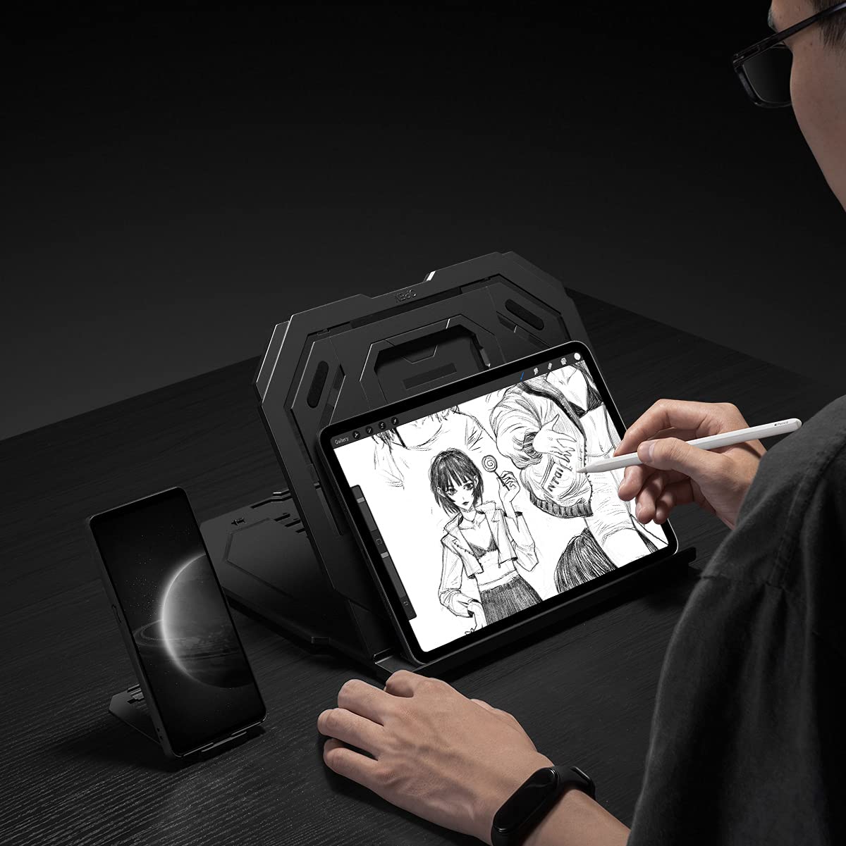 Drawing Tablet Stand, Laptop Stand, Foldable Stand for Pen Tablet Display, 9 Levels Adjustable Angles with a Built-in Phone Holder, for 12-17 inch Drawing Tablet, MacBook, Laptop, iPad, Book, Phone
