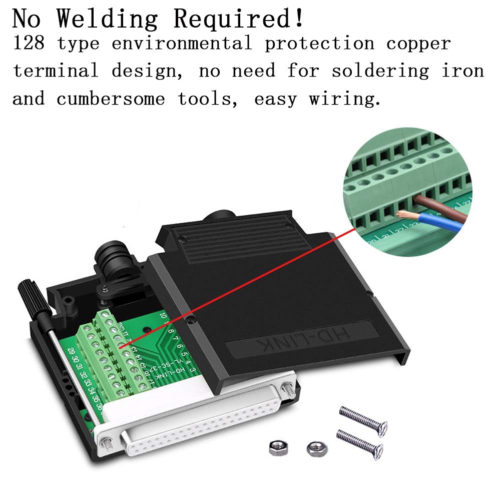 ANMBEST Thinner DB37 Solderless RS232 D-SUB Serial to 37-pin Port Terminal Female Adapter Connector Breakout Board with Case Long Bolts Tail Pipe