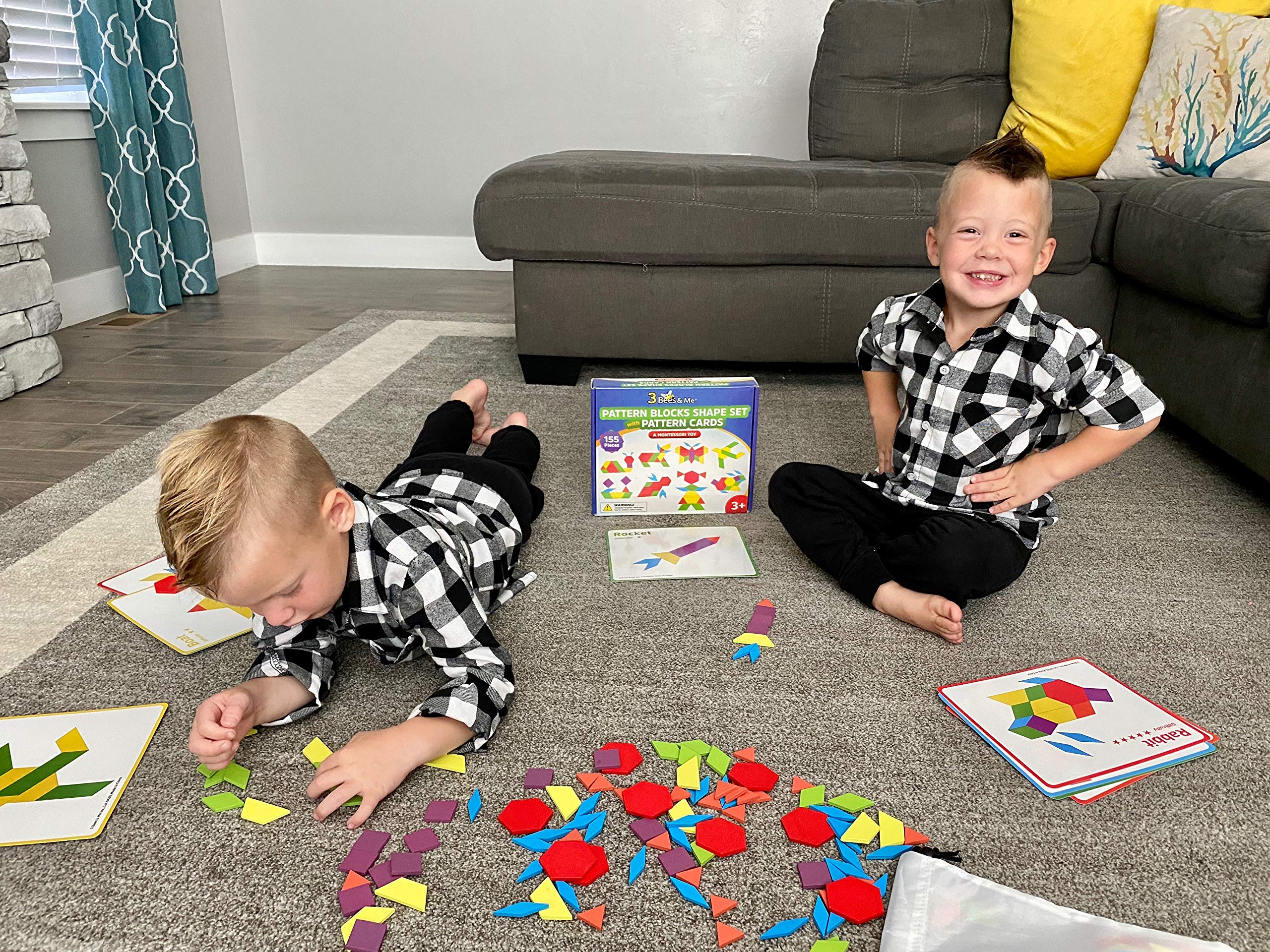 3 Bees & Me Wooden Pattern Blocks - Fun Montessori Learning Toys for Ages 3 to 9 - Tangram Shapes Puzzle Set with 155 Pieces