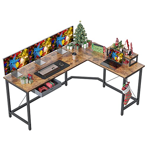 CubiCubi 66 x 47 inch L-Shaped Desk Computer Corner Desk, Home Office Gaming Table, Sturdy Writing Workstation with Small Table, Space-Saving, Easy to Assemble, Rustic Brown