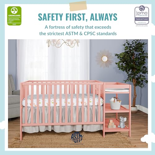 Dream On Me Synergy Convertible Crib and Changer in Dusty Pink with Detachable Changing Table, JPMA Certified, 1β Changing pad