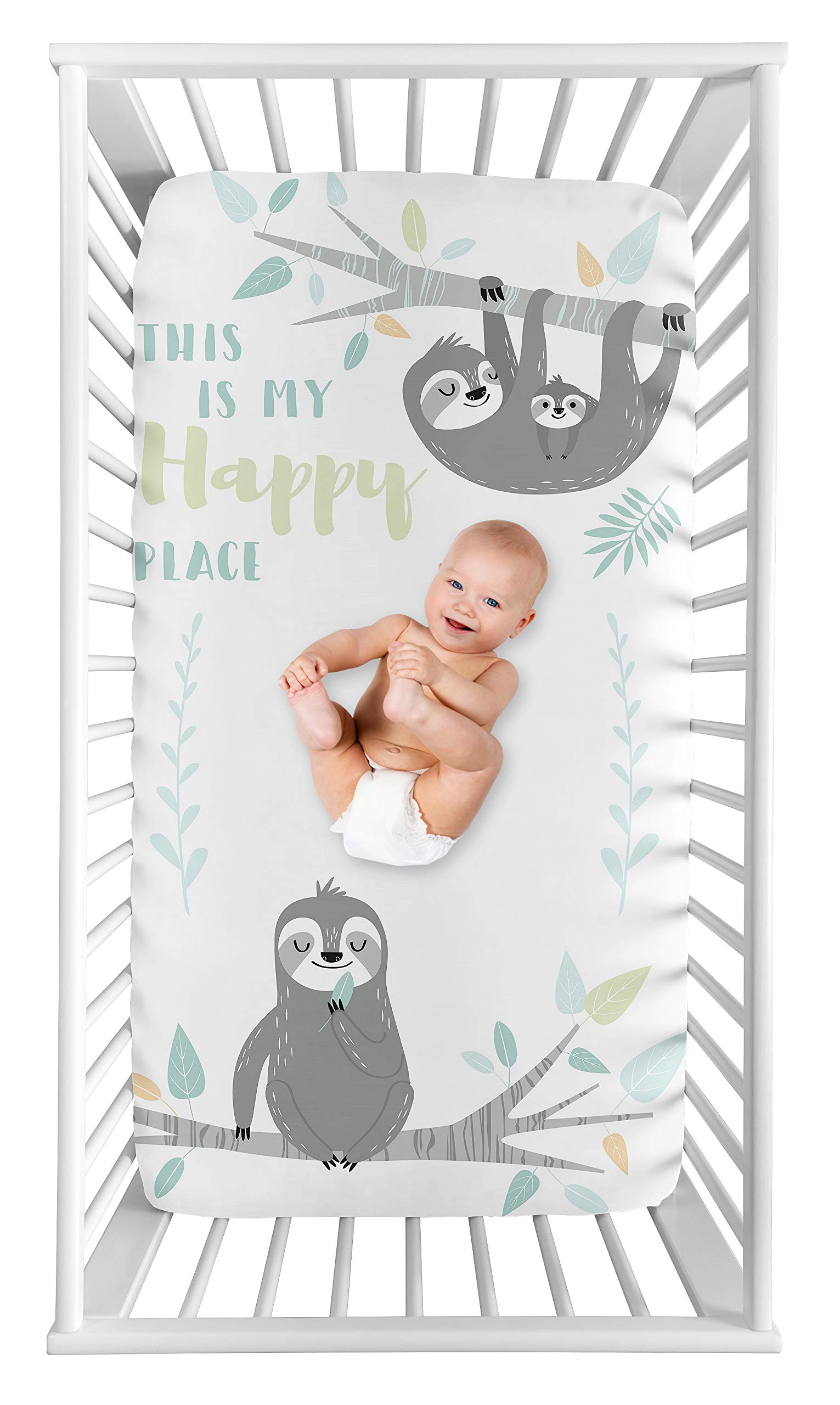 Sweet Jojo Designs Blue Jungle Sloth Leaf Boy or Girl Fitted Crib Sheet Baby or Toddler Bed Nursery Photo Op - Turquoise, Grey and Green Tropical Botanical Rainforest