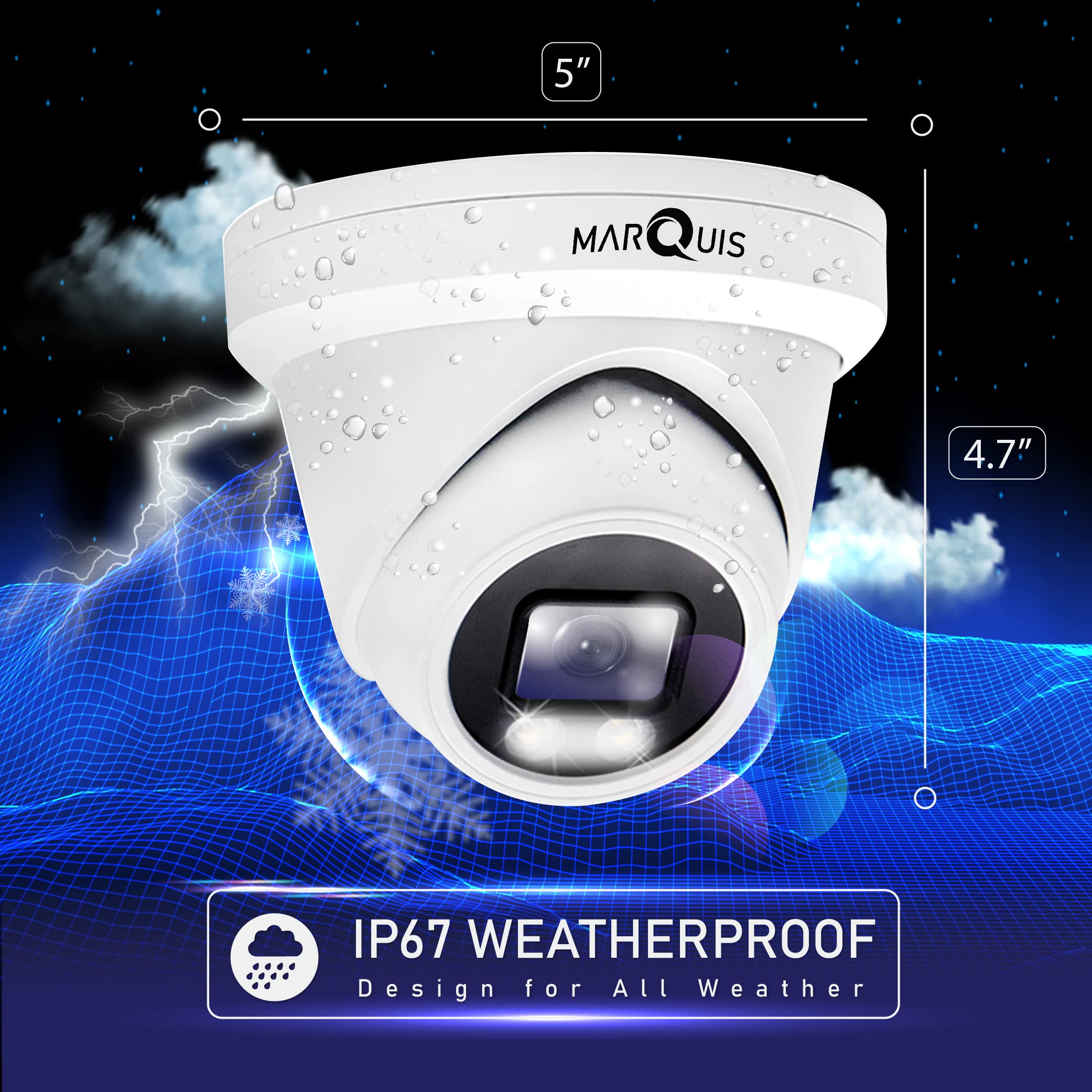 Marquis, 5MP Lite 4MP 2MP 247 FullColor HD TVICVIAHDCVI Turret Dome CCTV Security Camera, Indoor Outdoor Color Night Vision Waterproof Analog Surveillance Camera 2.8mm Lens, White