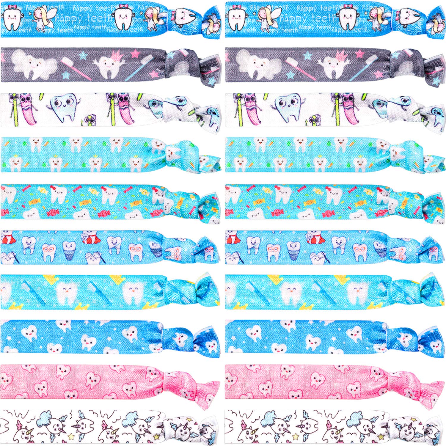 BBTO 20 Pieces Tooth Patterned Hair Ties Dental Hair Accessories Elastic Ribbon Ponytail Holders No Crease Hair Bands for Women Girls, Dental Hygienist Gift