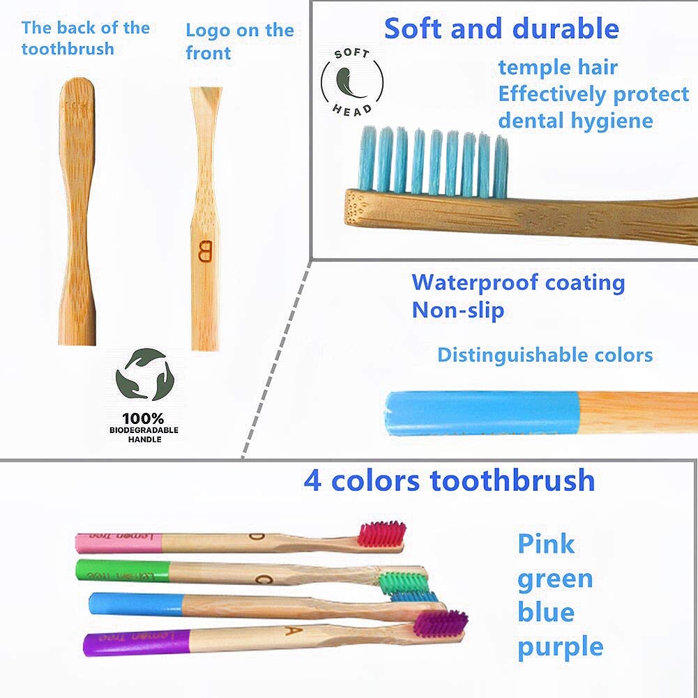 Bamboo Toothbrush （4-pack with Cases ）- Soft Eco Friendly, with 4 Pc Travel Toothbrush Case and 10 pack Dental Floss - Bpa Free Biodegradable - Wood Kit