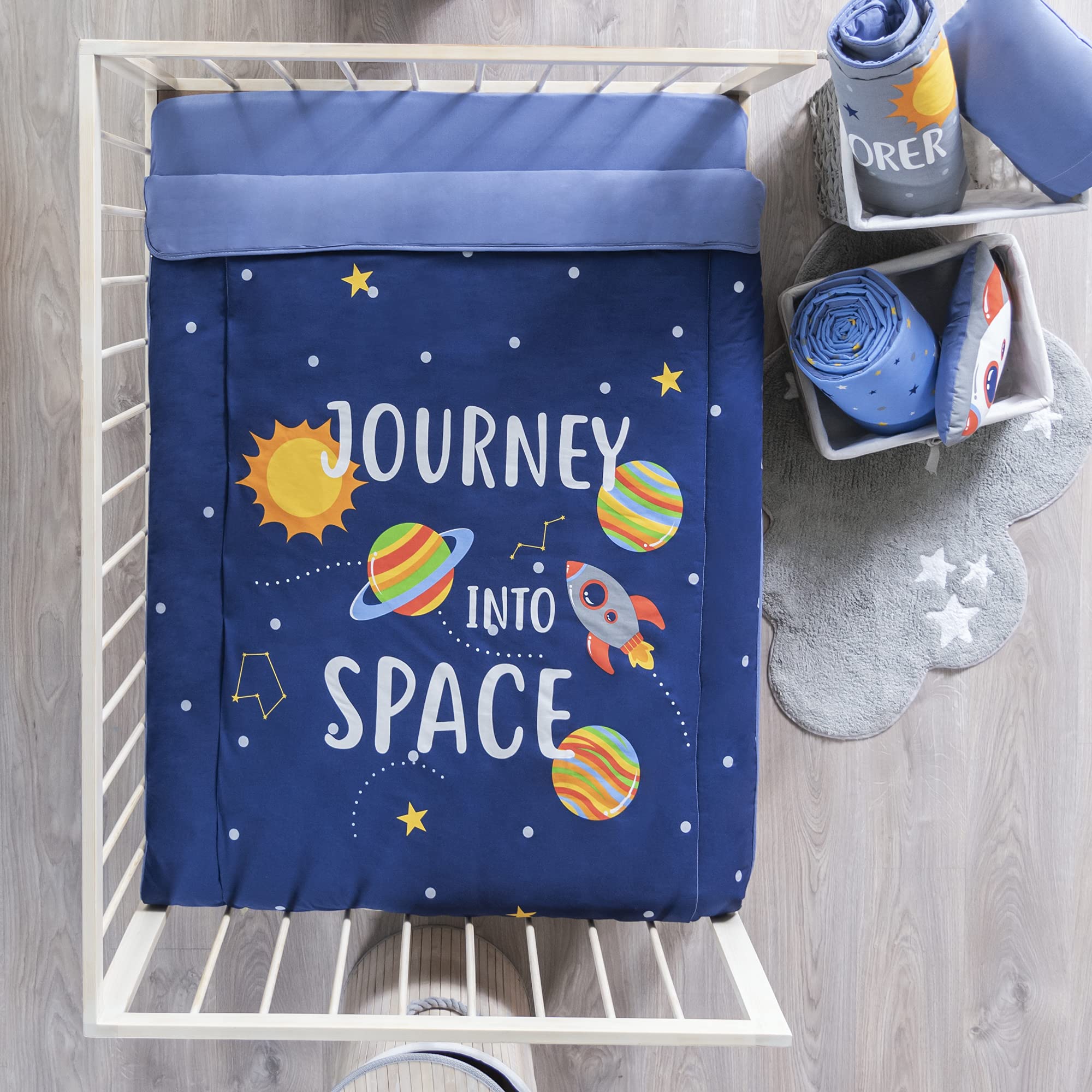 DreamPartyWorld Spaceship Bedding Crib Nursery Set Boy Blue Galaxy for Baby Shower Material: 100 Percentage Cotton 4 Pieces