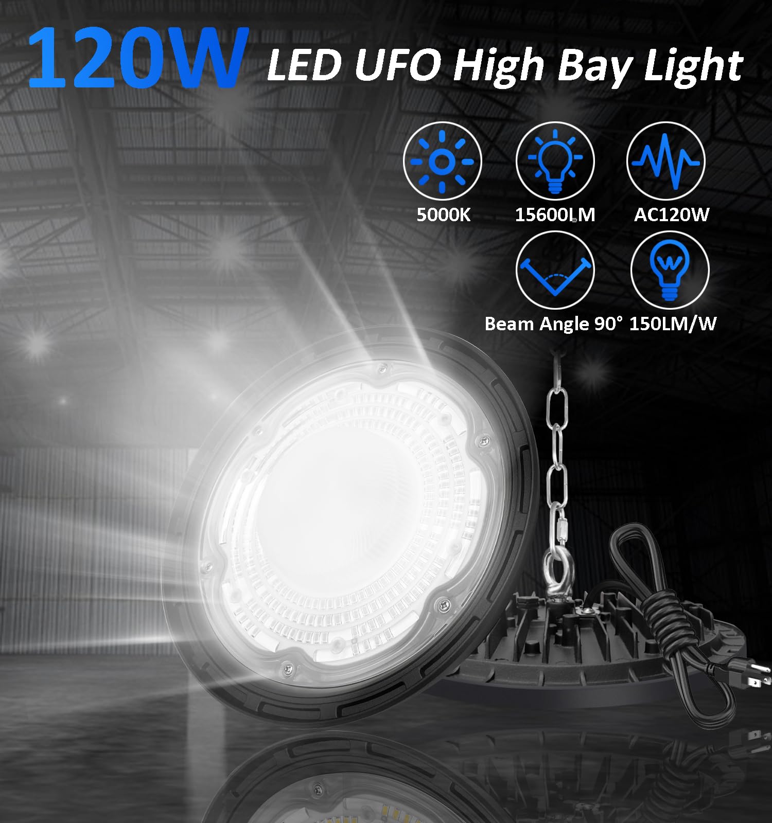 2 Pack LED High Bay Light 120W,5000K UFO Lighting with Steel Safety Rope, IP65 Waterproof Commercial LED Warehouse Lights for Shop Warehouse Factory etc. (with US Plug 5ft Cable)