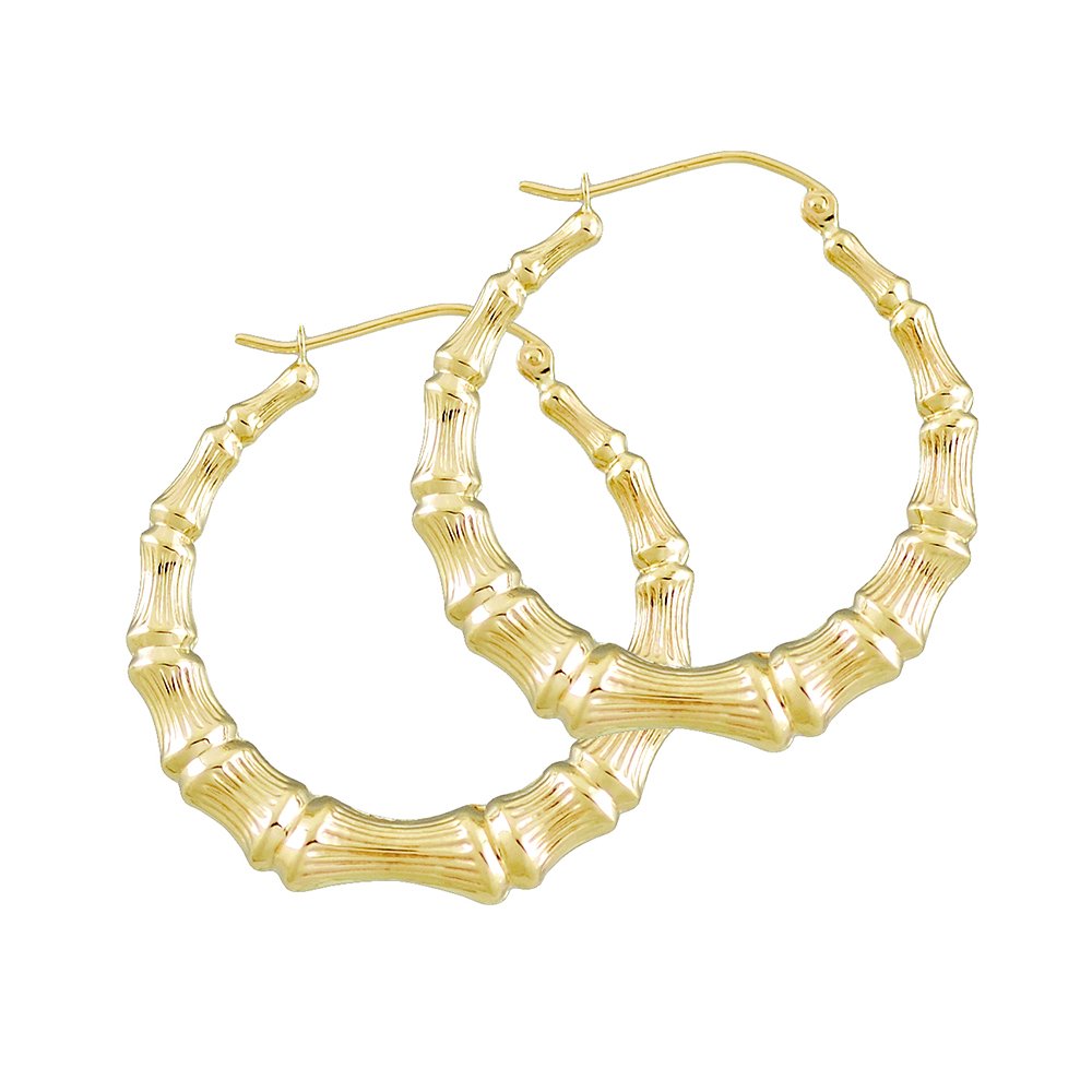 14K Yellow Gold Small Size Round Bamboo Hoop Hollow Earrings 1 3/8 Inches