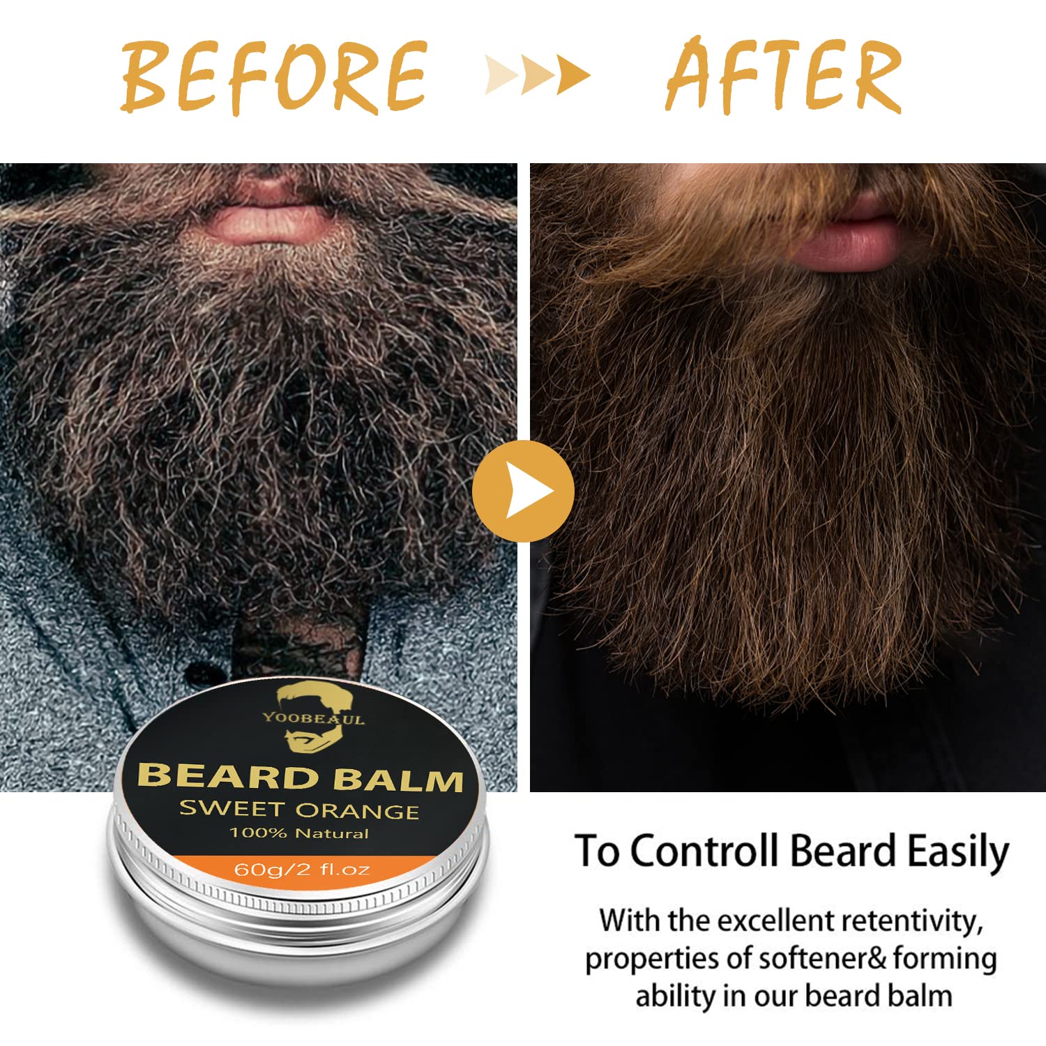 Beard Balm Conditioner for Men, Hydrates, Smooths, Adds Shine & Tames Flyaway Hair, Natural Organic Beard Conditioner with Shea Butter, Argan, Jojoba, and Orange Oils, Mild Citrus Smell - 2 Oz
