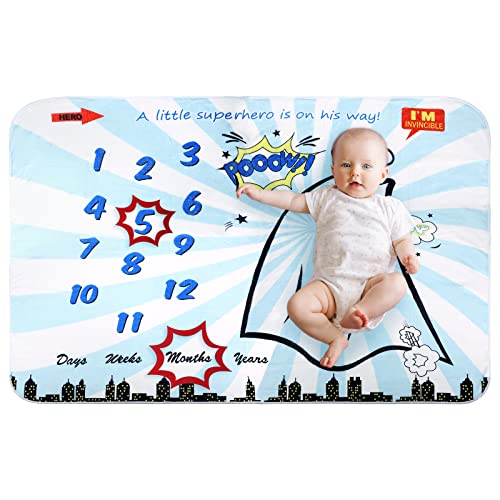 60" X 40" Superhero Baby Milestone Blanket Premium Soft Fleece Infant Month Blanket with Felt Frames Personalized Photography Backdrop Photo Prop Gifts for Newborn Boys Girls