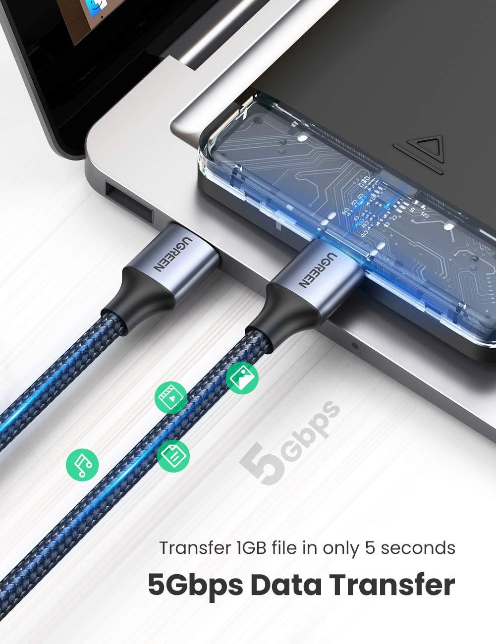 UGREEN USB 3.0 A to A Cable 3FT USB to USB Male to Male Nylon Braided Type A to Type A Cable Compatible with Hard Drive Enclosures DVD Player Laptop Cooler