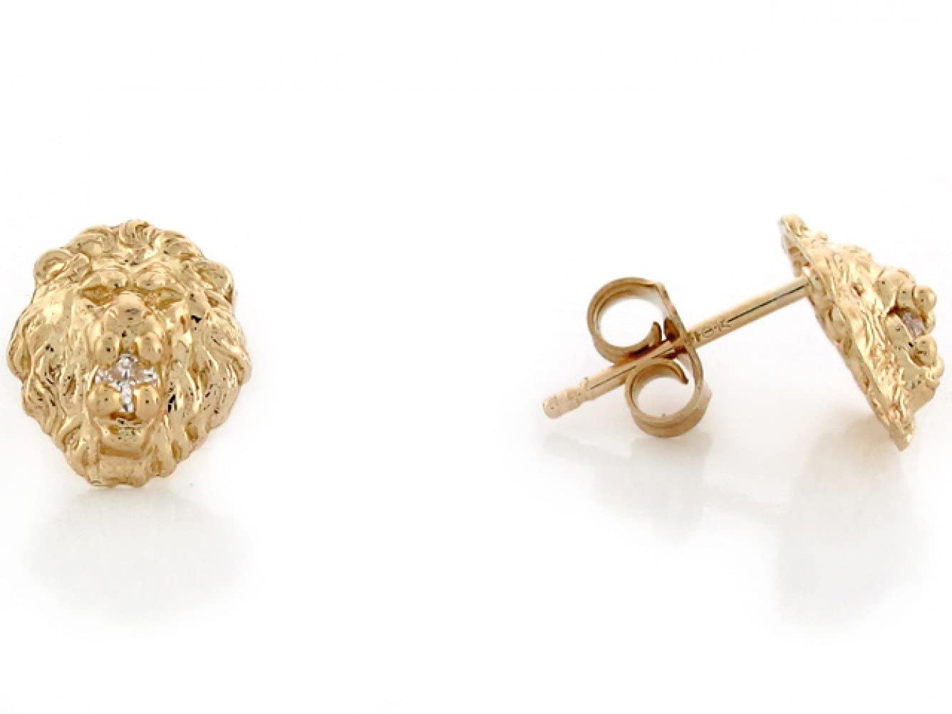 14k Yellow Gold 0.8 cm Lion Head with Round CZ Pin Earrings